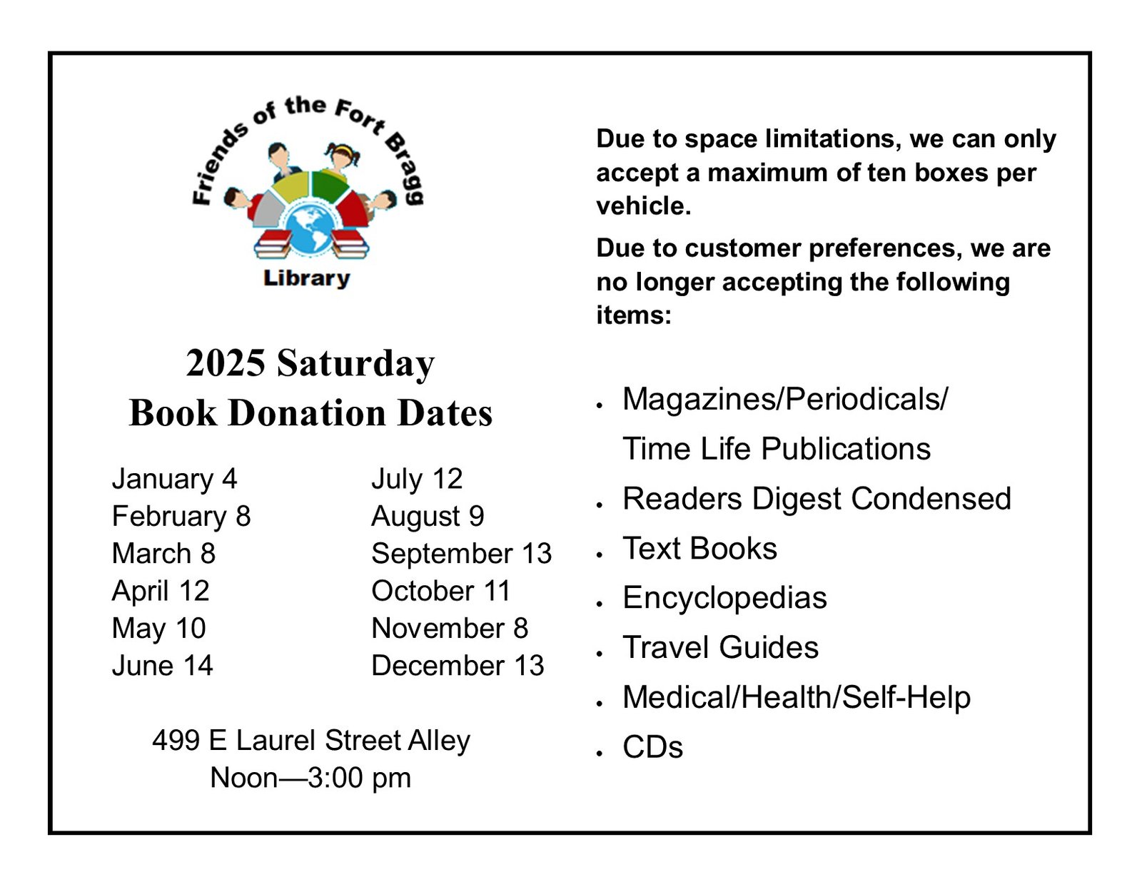 Donation Days ~ Every 2nd Saturday - Fort Bragg Library